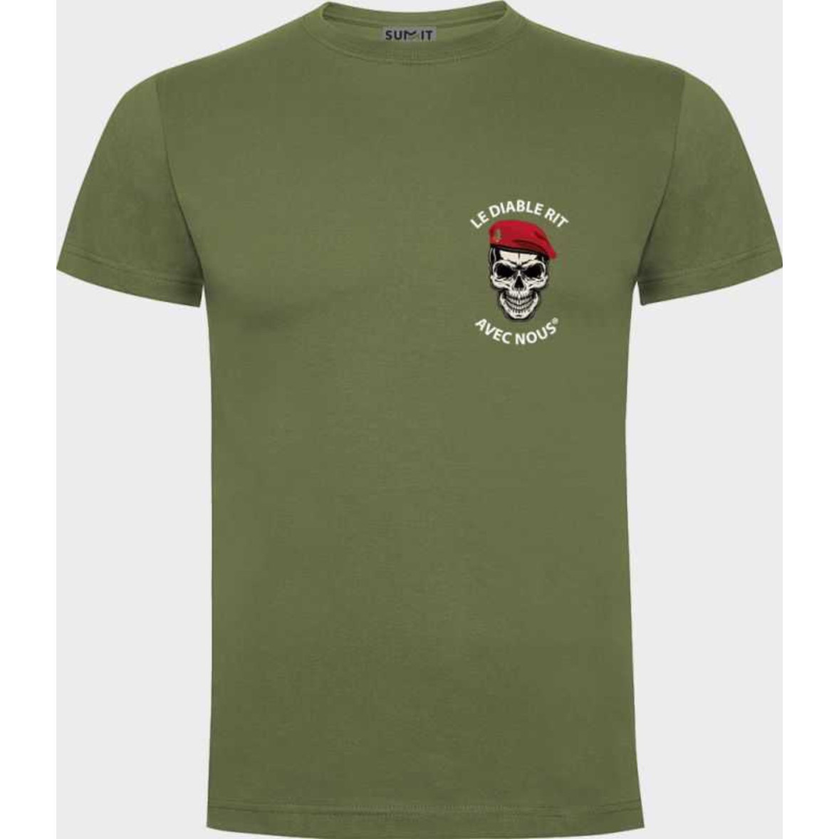 Khaki t-shirt with "Le diable rit avec nous Colo" logo on the heart ...