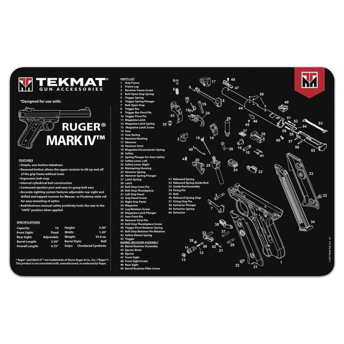 DISASSEMBLY MAT FOR RUGER MARK 4 PISTOL 27.9x43CM - Tekmat